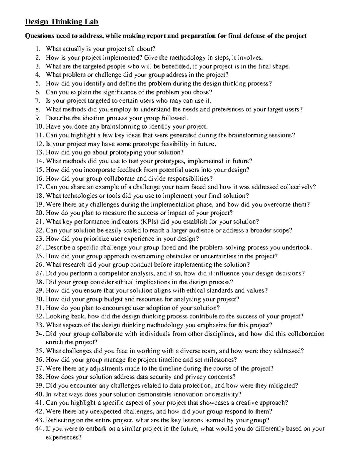 Design Thinking Lab: Key Questions for Final Project Defense - Studocu