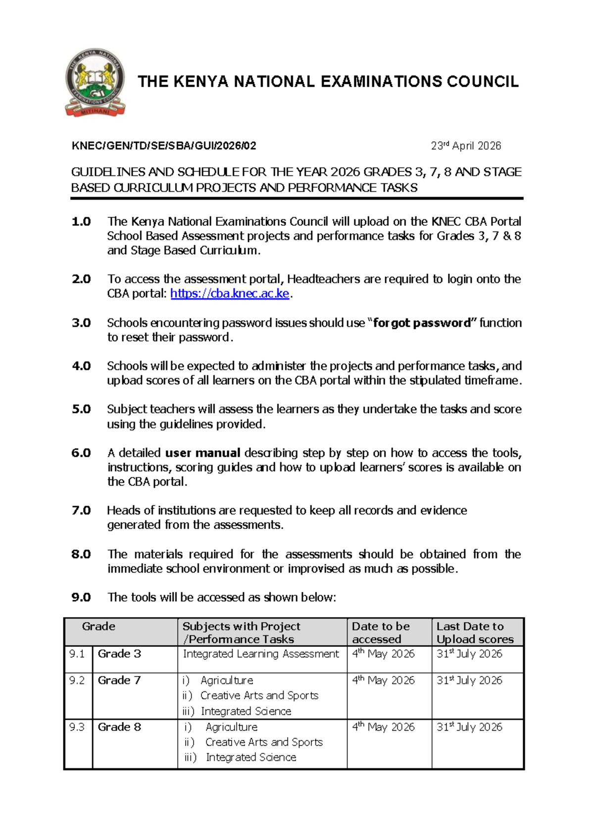 KNEC Guidelines & Schedule for Grades 3, 7, 8 Projects 2026 - Studocu