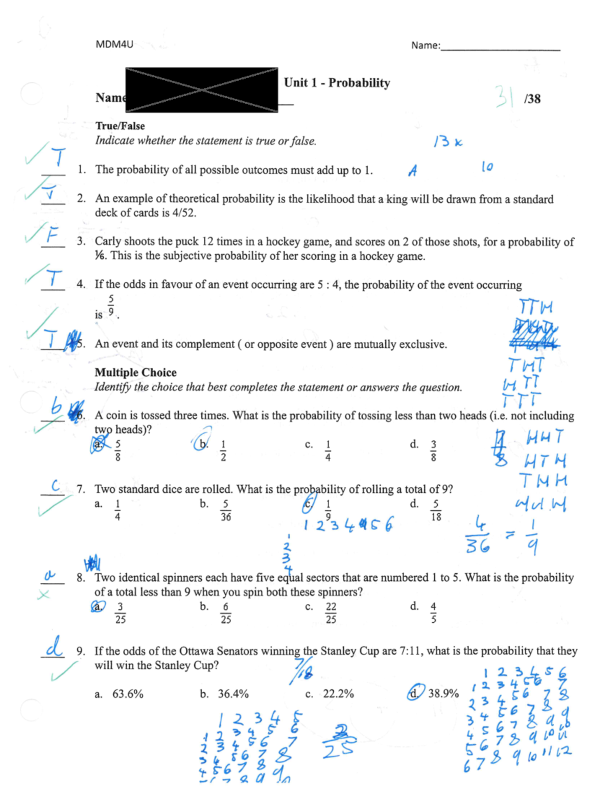 MDM4U Unit 1 Probability Test - True/False & Multiple Choice Questions ...
