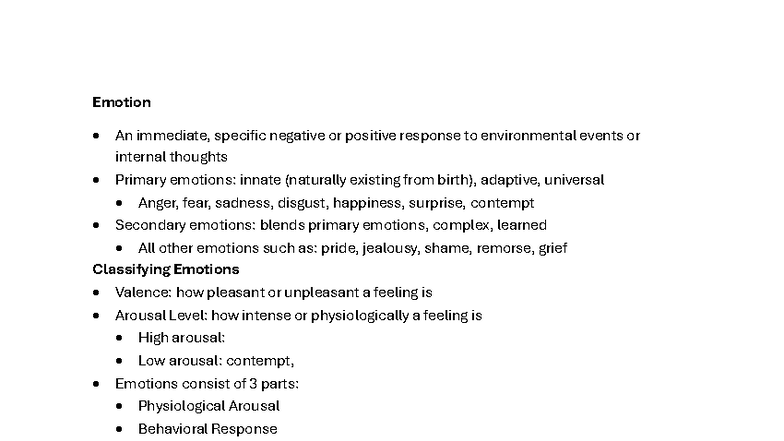 Psychology Lecture Notes: Understanding Emotions (PSY 101) - Studocu