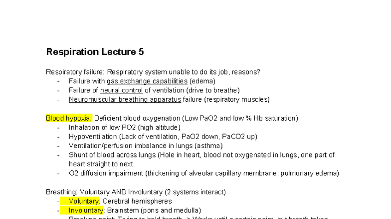 Respiration Lecture 5: Understanding Respiratory Failure Causes - Studocu