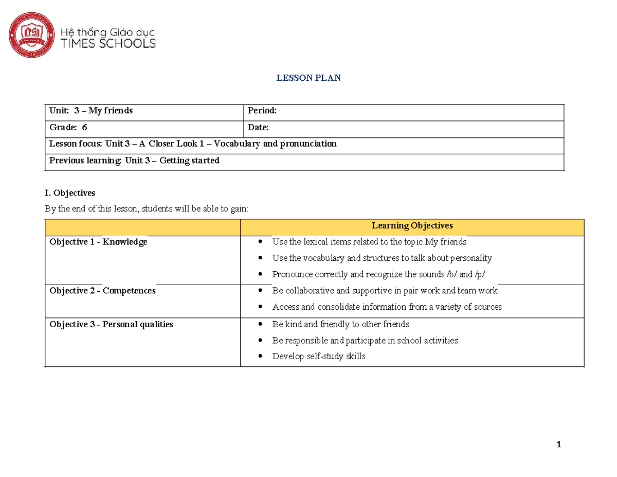 Grade 6 Lesson Plan: Unit 3 - My Friends Vocabulary & Pronunciation ...