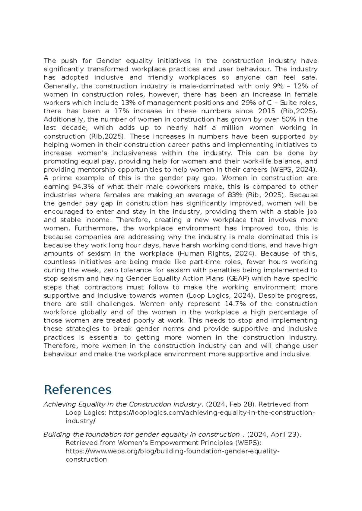 Final Assignment 1 ABB123: Transforming Gender Equality in Construction ...