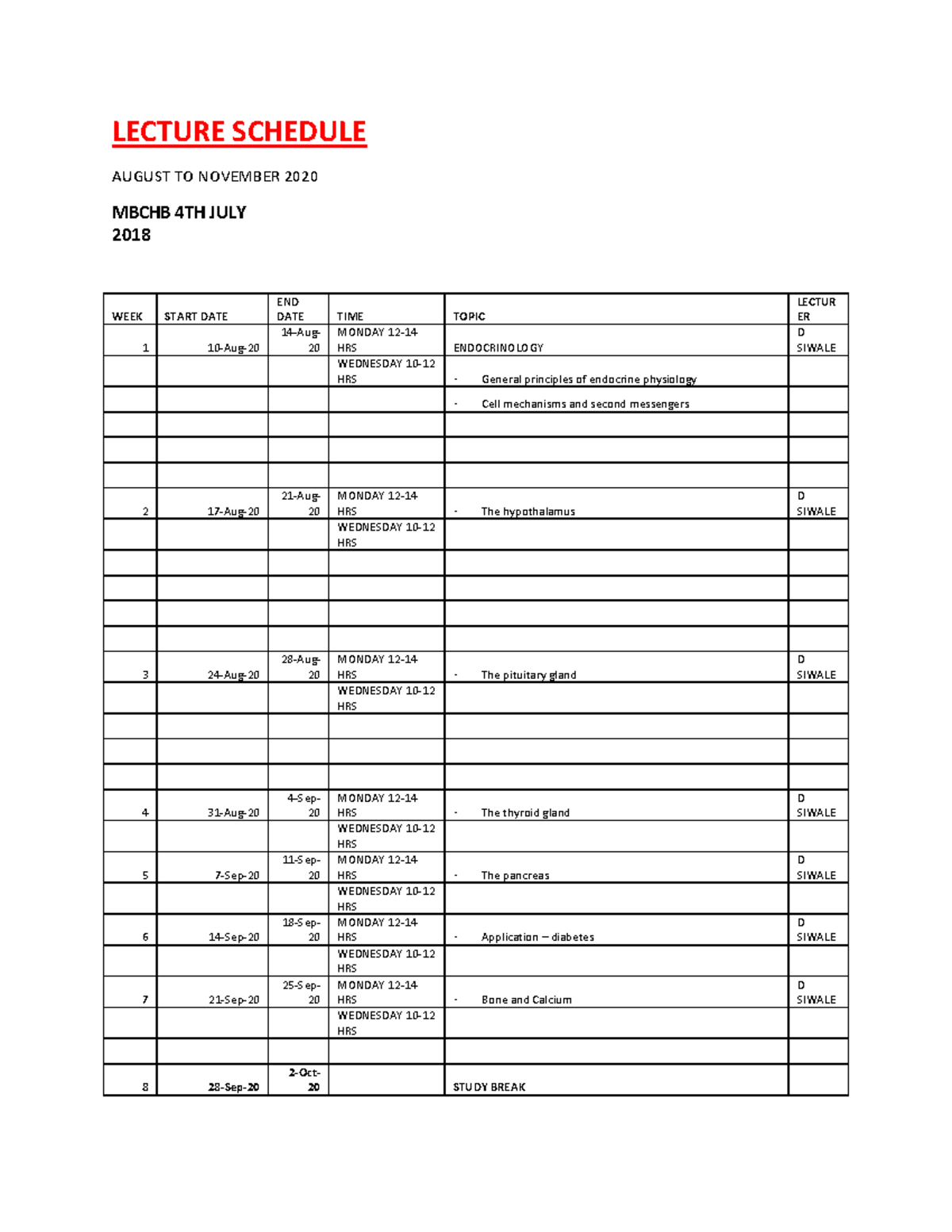 Lectureschedule Augustto November 2020 - LECTURE SCHEDULE AUGUST TO ...