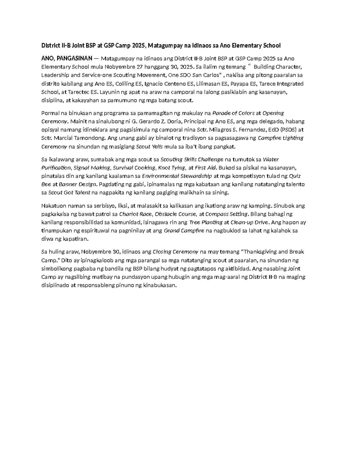 District Joint BSP at GSP Camp 2025: Activities Overview - Studocu