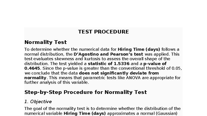 Normality and ANOVA Test Procedures for Hiring Time Analysis - Studocu