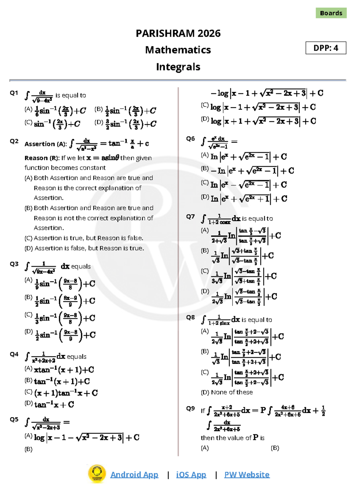 Mathematics Integrals DPP: Boards PARISHRAM 2026 Tutorial Work - Studocu