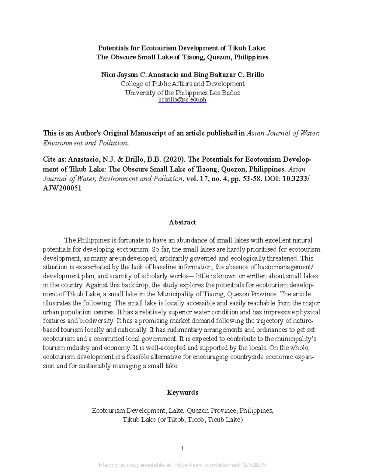Ecotourism Development Potential of Tikub Lake: A Case Study in Tiaong ...