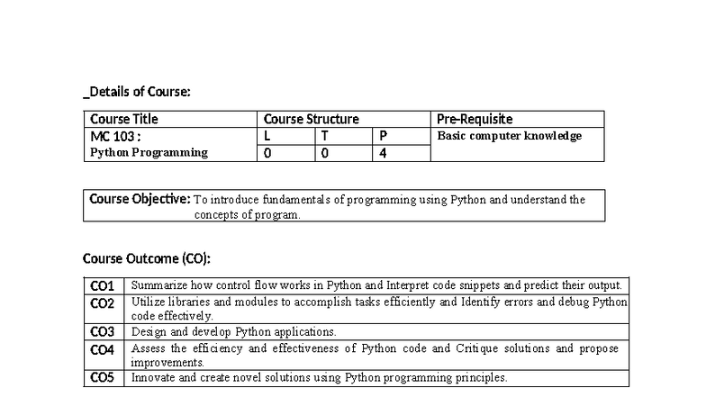 MC 103: Python Programming Course Syllabus and Structure - Studocu