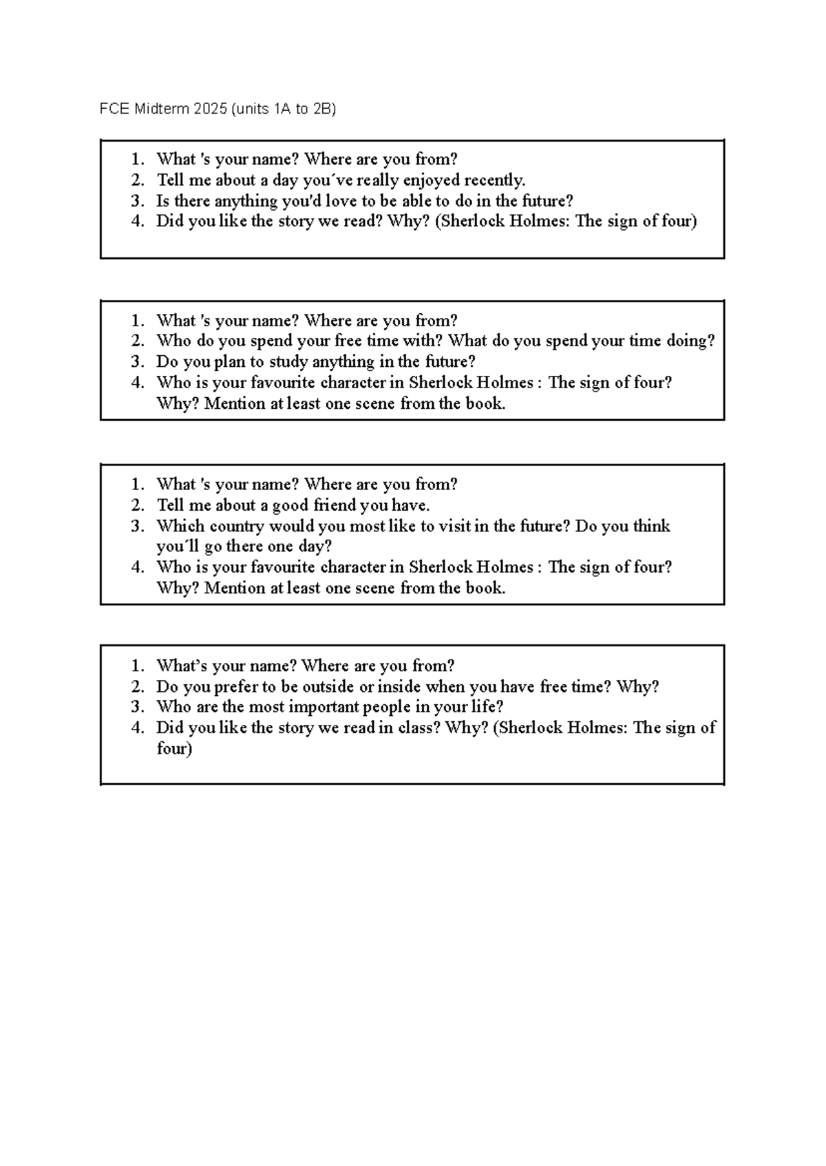 FCE Midterm 2025 Oral Exam Cards (Units 1A to 2B) - Studocu