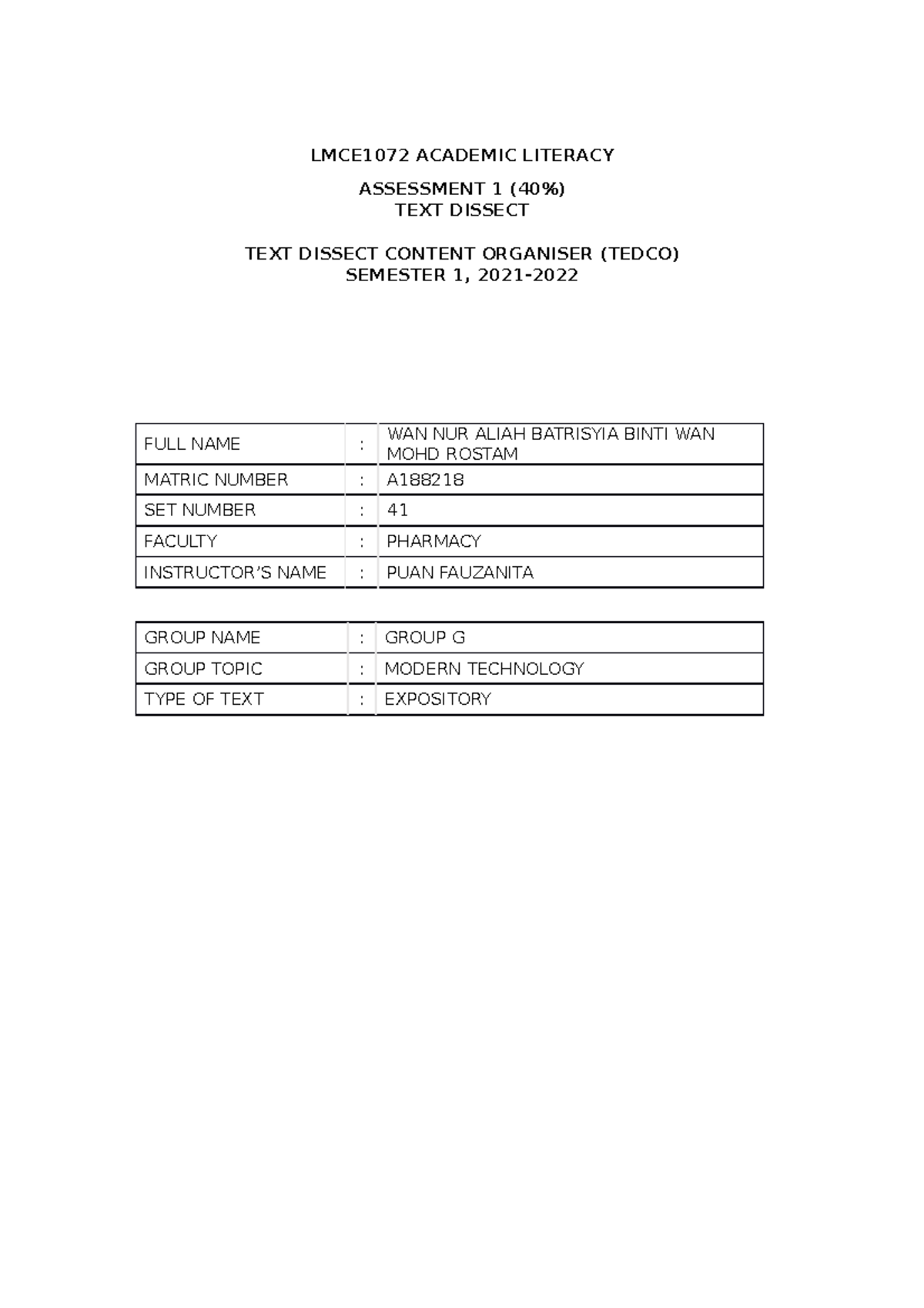 Academic Literacy - LMCE1072 ACADEMIC LITERACY ASSESSMENT 1 (40%) TEXT ...