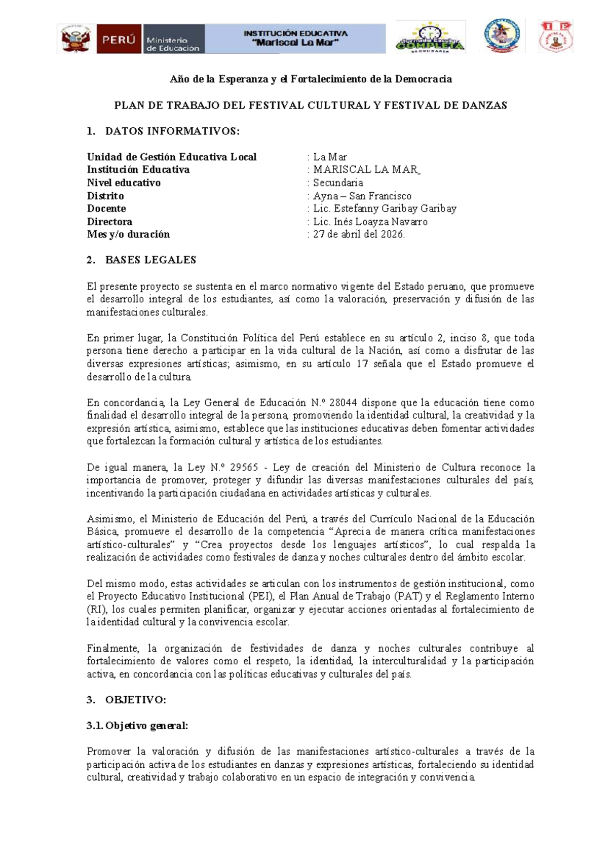 PLAN DE TRABAJO DEL FESTIVAL CULTURAL Y DE DANZAS 2026 - Studocu