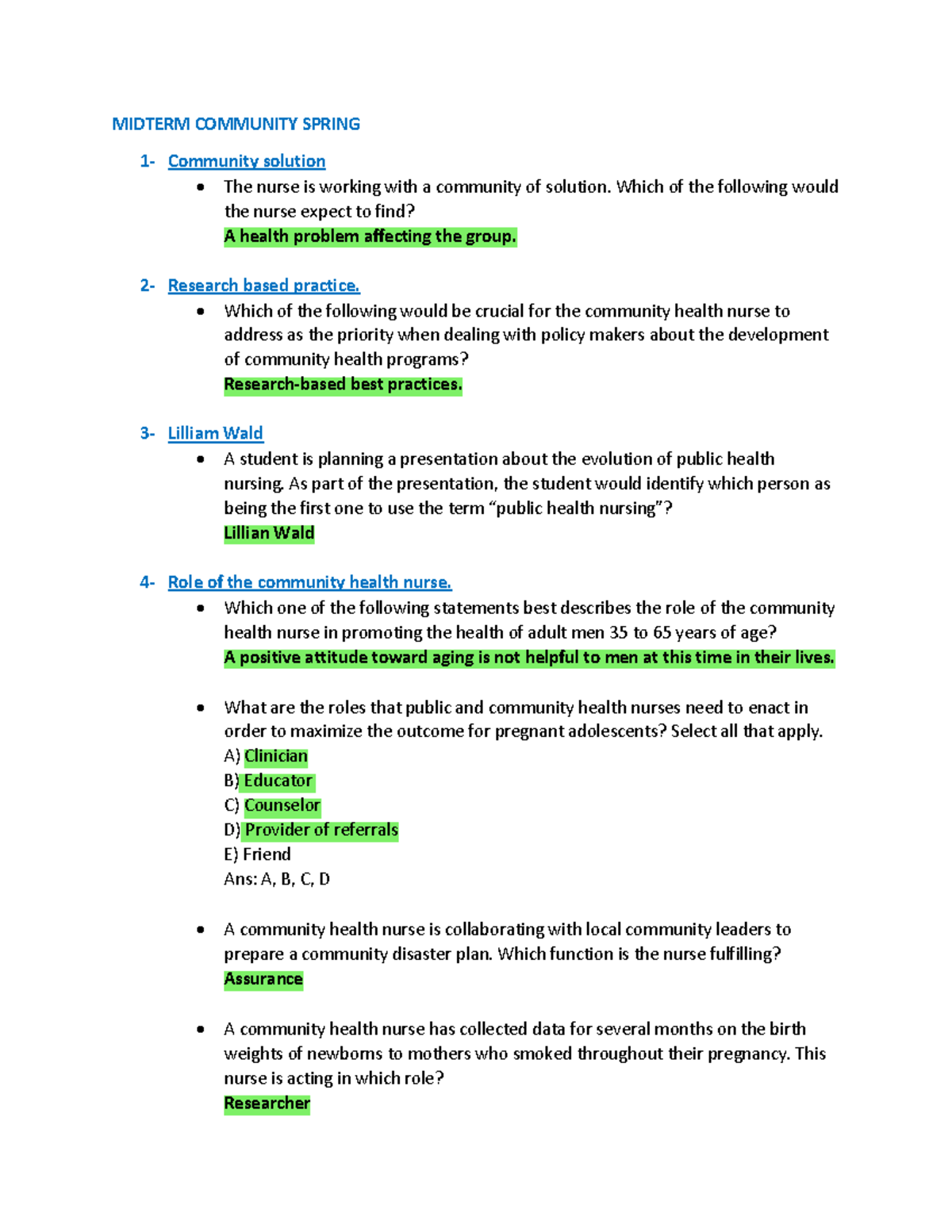 Review comm midterm 2023 - MIDTERM COMMUNITY SPRING 1- Community solution - The nurse is working ...