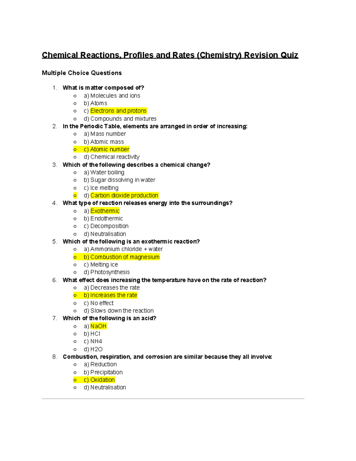 Chemistry Revision Quiz: Chemical Reactions, Profiles & Rates - Studocu
