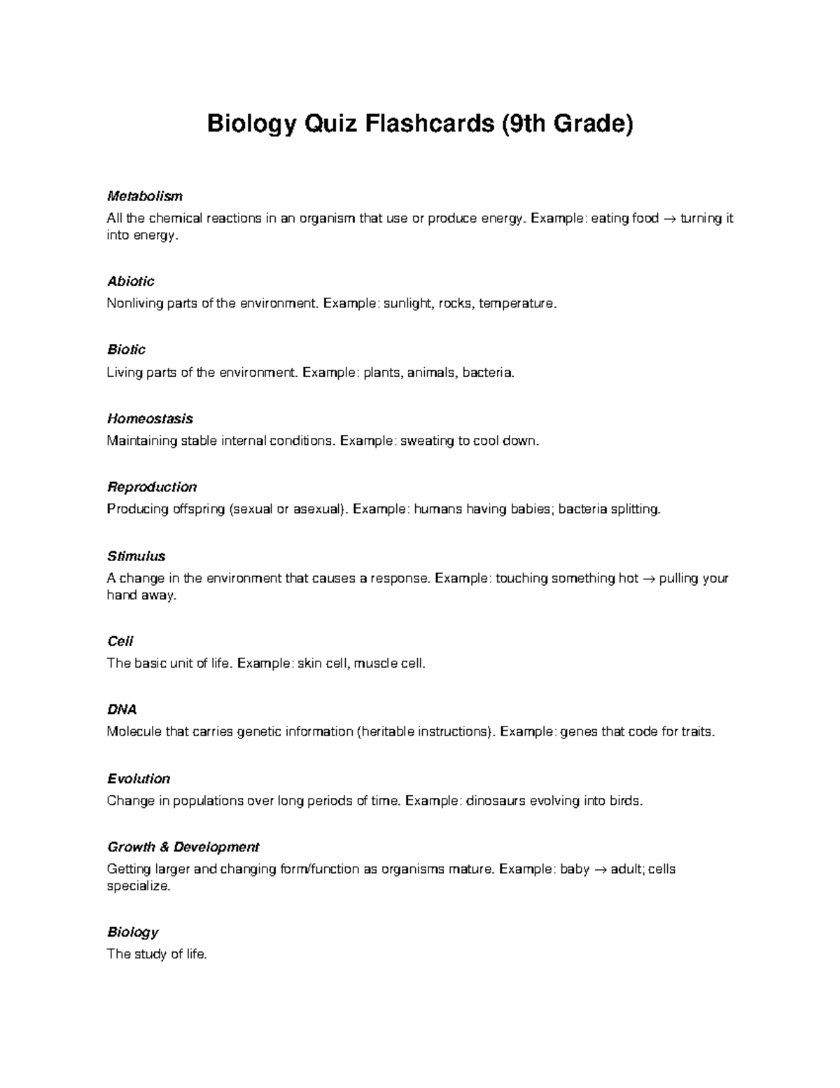 9th Grade Biology Quiz Flashcards: Metabolism & Key Terms - Studocu