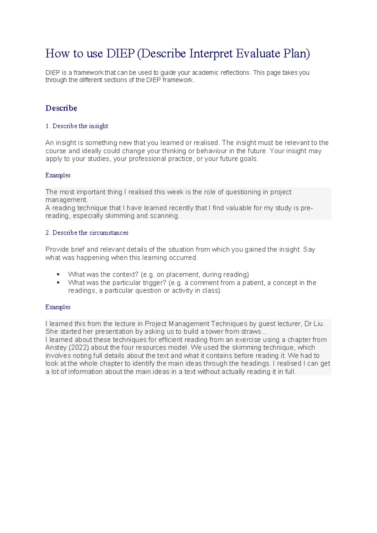DIEP Framework for Academic Reflection: Insights & Applications - Studocu