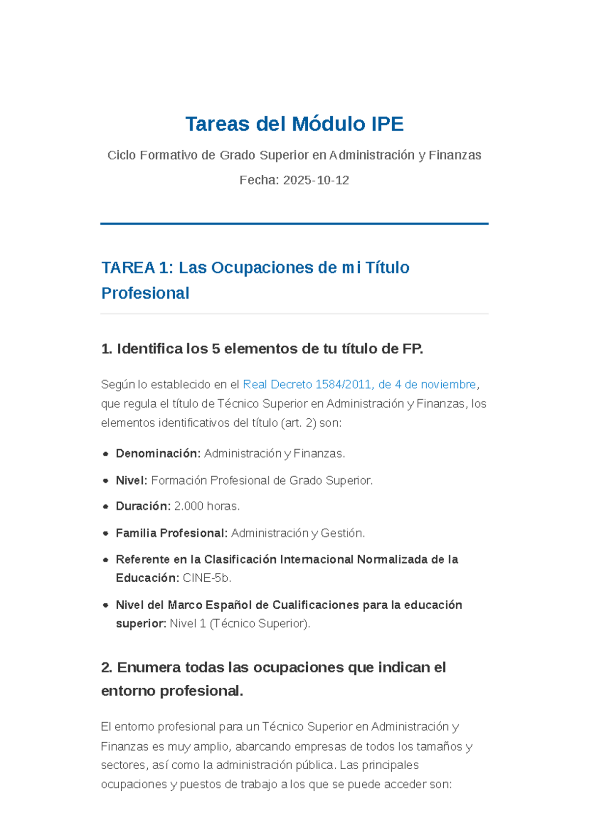 Tareas del Módulo IPE en Administración y Finanzas: TAREA 1 y 2 - Studocu