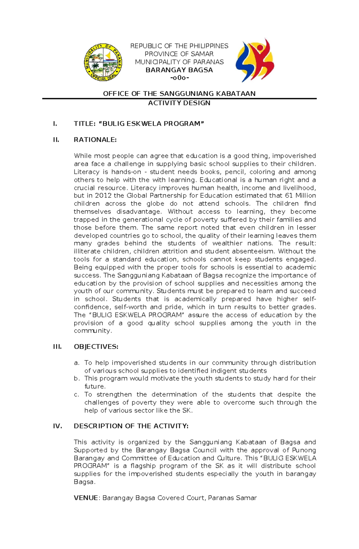 Activity Design for Bulig Eskwela Program: School Supplies Distribution ...