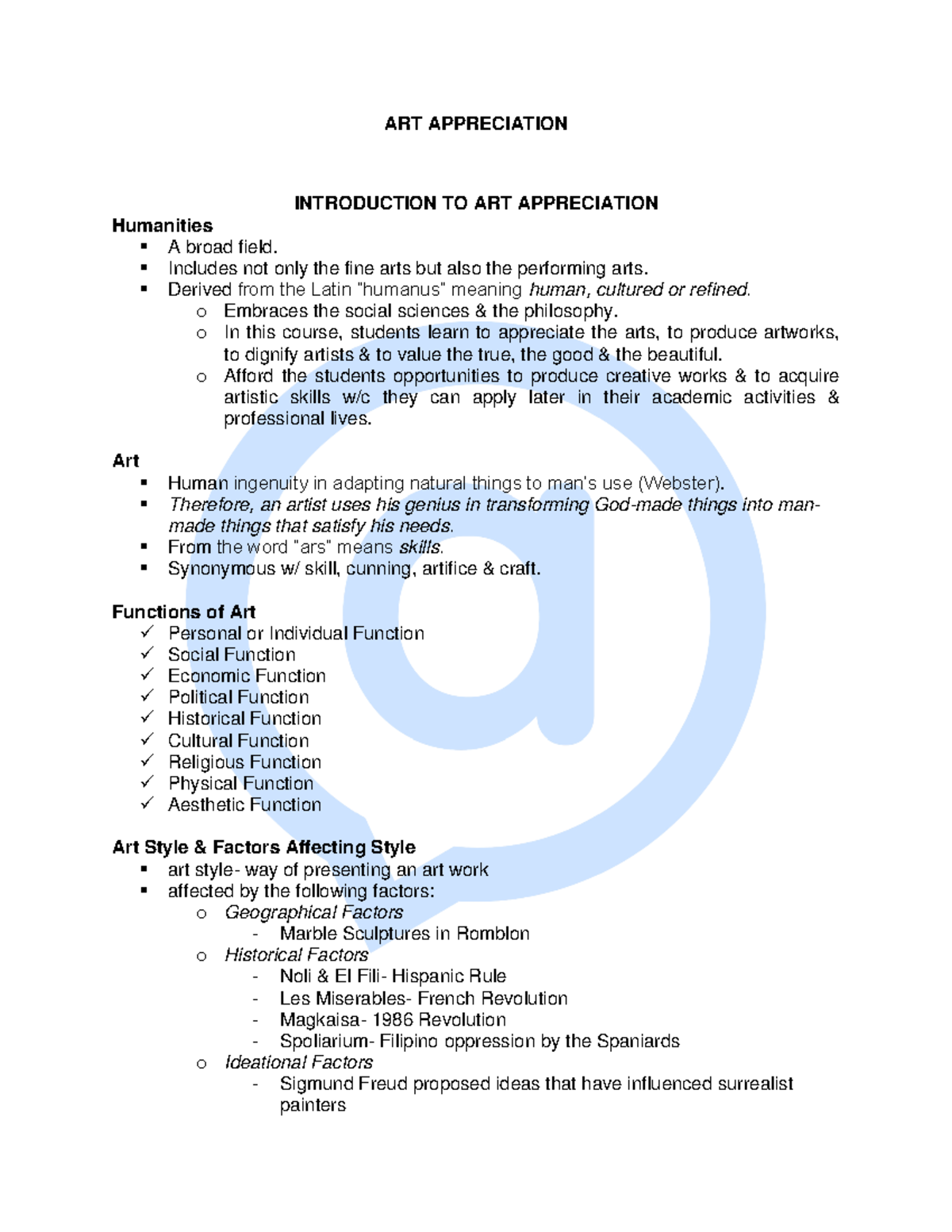 ART APPRECIATION: A Comprehensive Overview of Humanities (HUM 101 ...