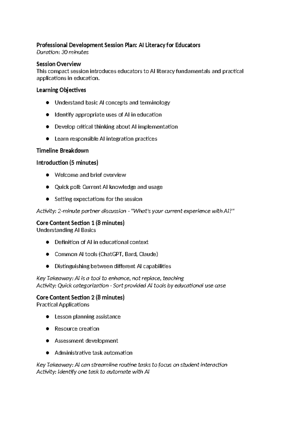 AI Literacy for Educators - Professional Development Session Plan: AI ...
