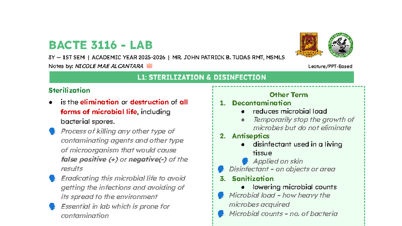 BACTE 3116 LAB 3Y 1ST SEM: Sterilization & Biosafety Protocols Notes ...