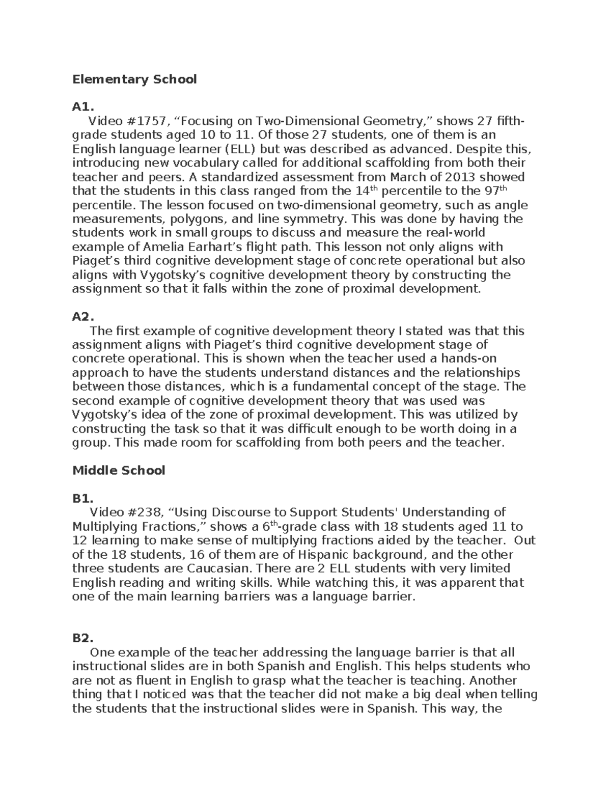 D094 Task 1: Video Observations in Elementary to High School Classrooms ...