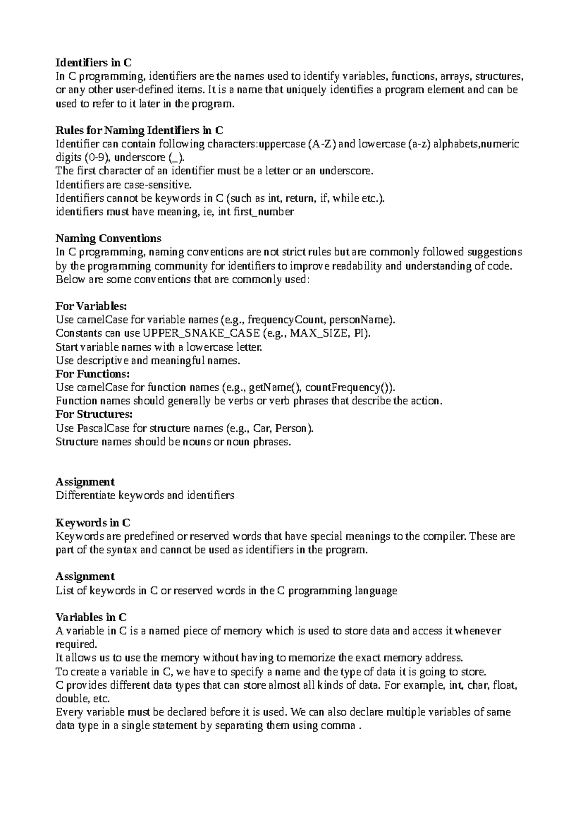 C Programming: Identifiers, Variables, and Functions Overview - Studocu