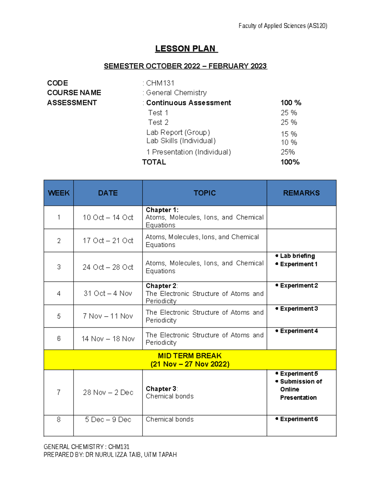 CHM131 General Chemistry Lesson Plan - Semester Oct 2022 to Feb 2023 ...