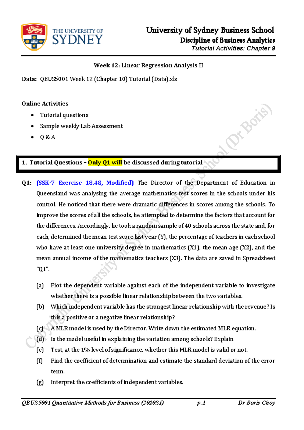 QBUS5001(2020S1) Week 12 (Chapter 10) Tutorial - University of Sydney ...