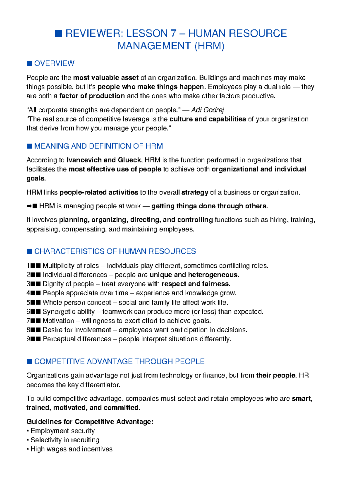 HRM 101: Lesson 7 Overview of Human Resource Management - Studocu