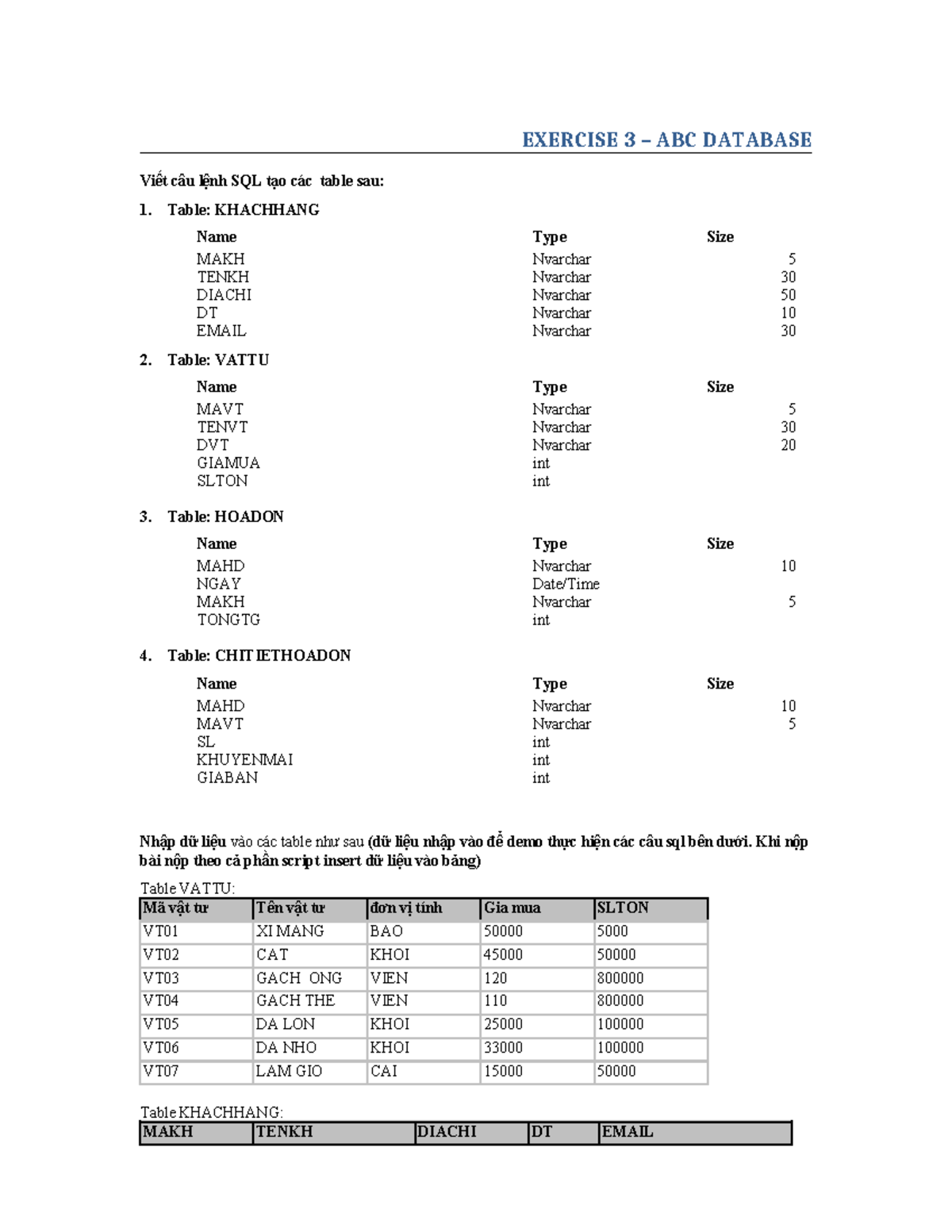 EXERCISE 3 ABC DATABASE: SQL Commands for Table Creation and Data Insertion - Studocu