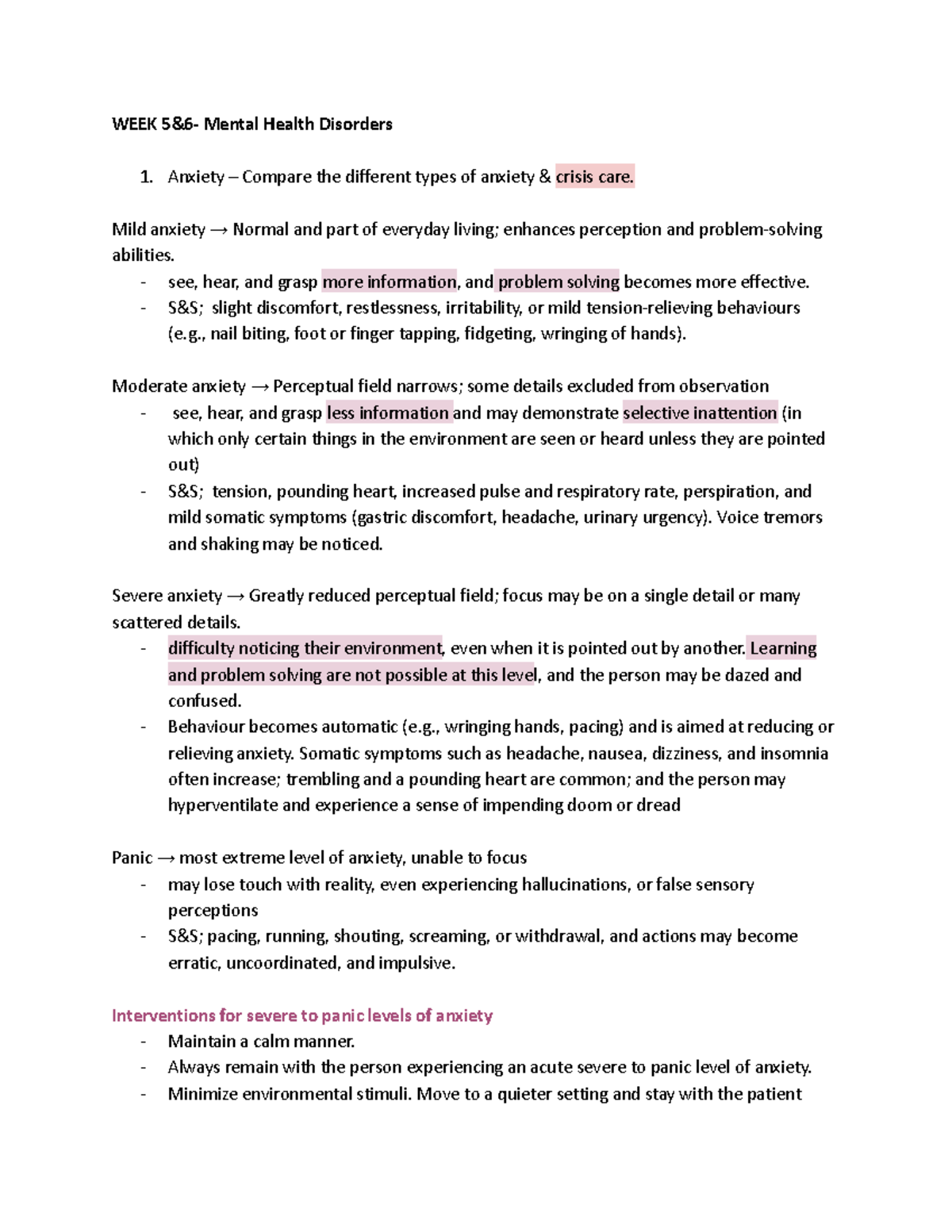 WEEK 8 Mental Health Disorders: Anxiety Types & Crisis Care - Studocu