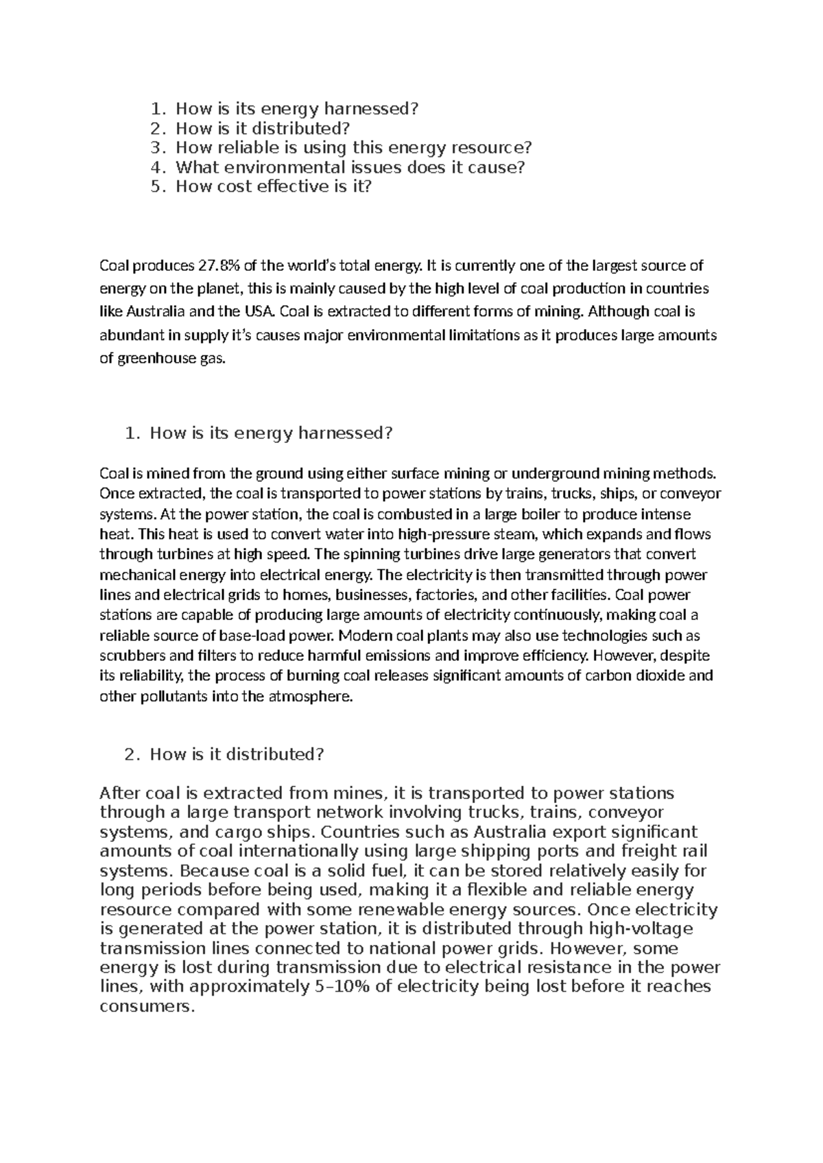 ENG101: Sample Essay on Coal Energy: Harnessing, Distribution, and ...