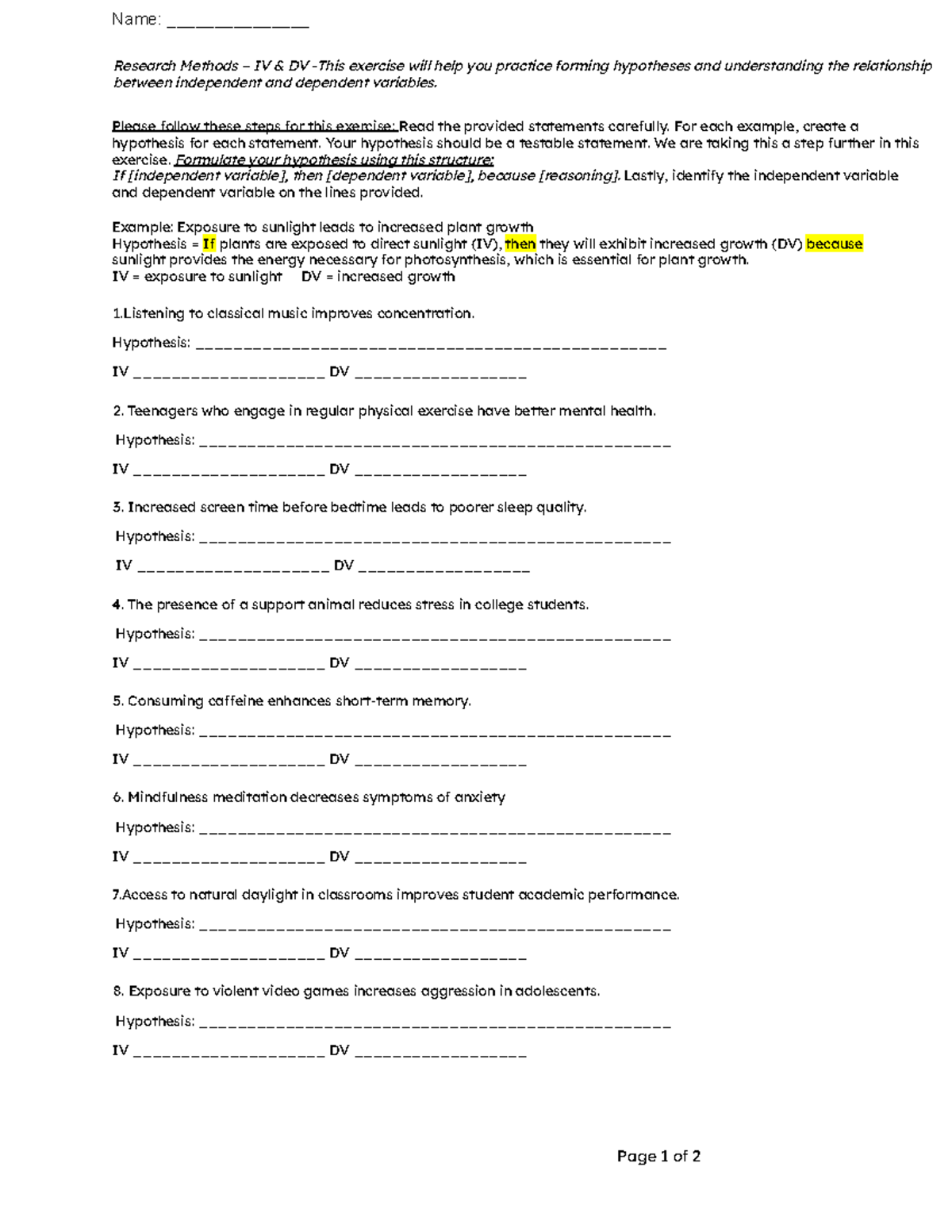 Research Methods: IV & DV Hypothesis Practice Exercise - Studocu