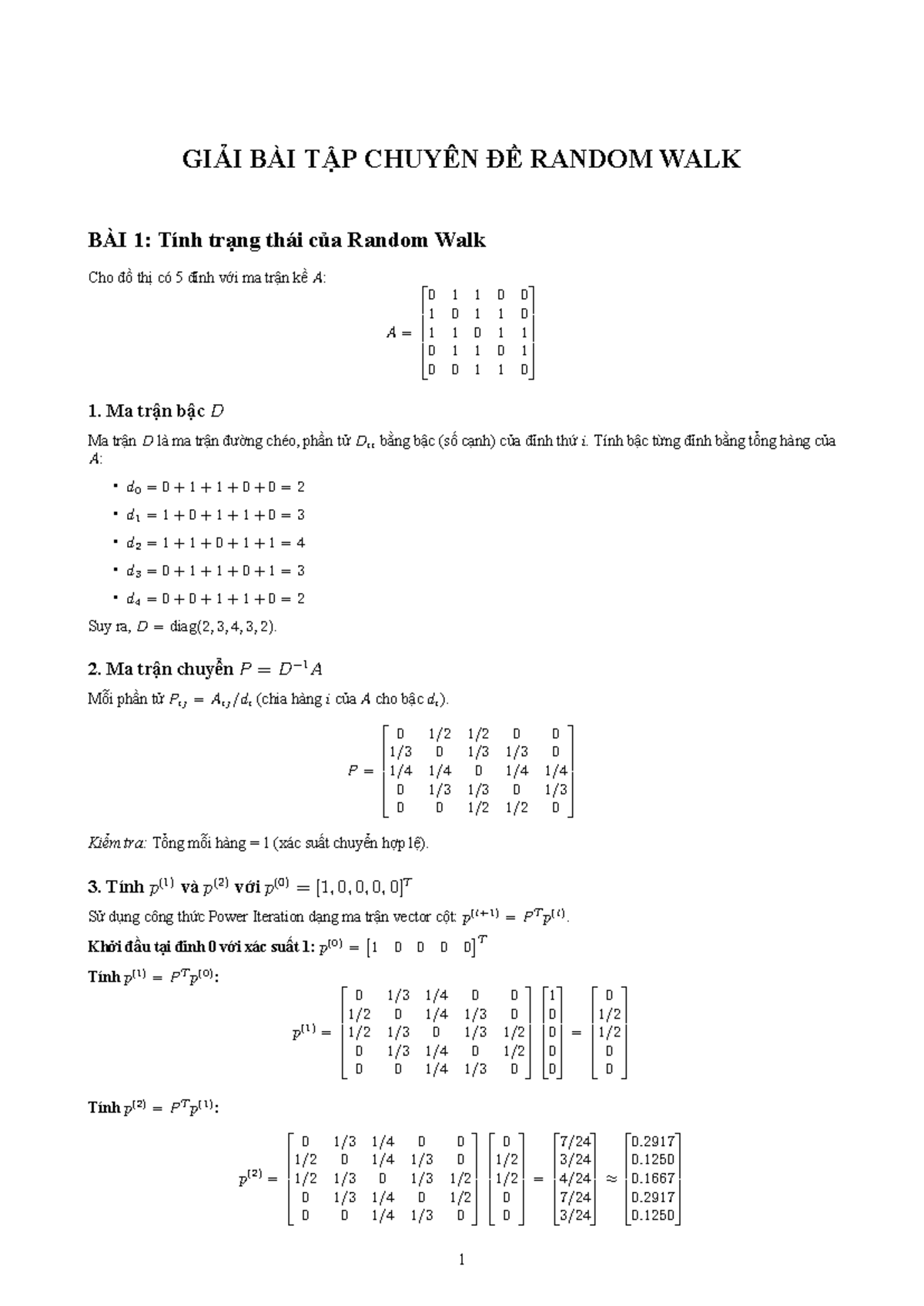 GIẢI BÀI TẬP RANDOM WALK BÀI 1 & BÀI 2: Tính Trạng Thái & Xác Suất ...
