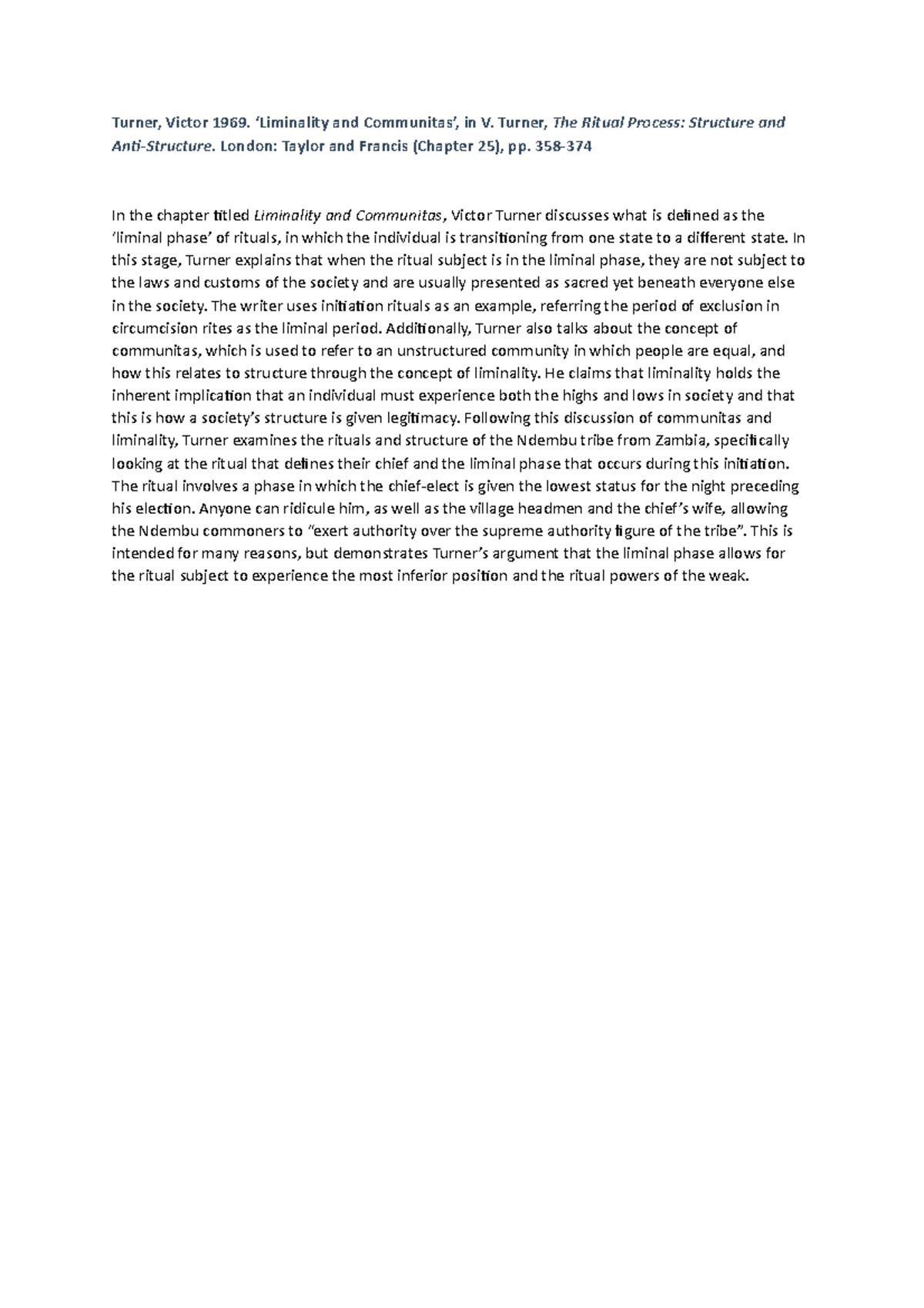 Liminality and Communitas: A Study of Turner's Ritual Process - Studocu