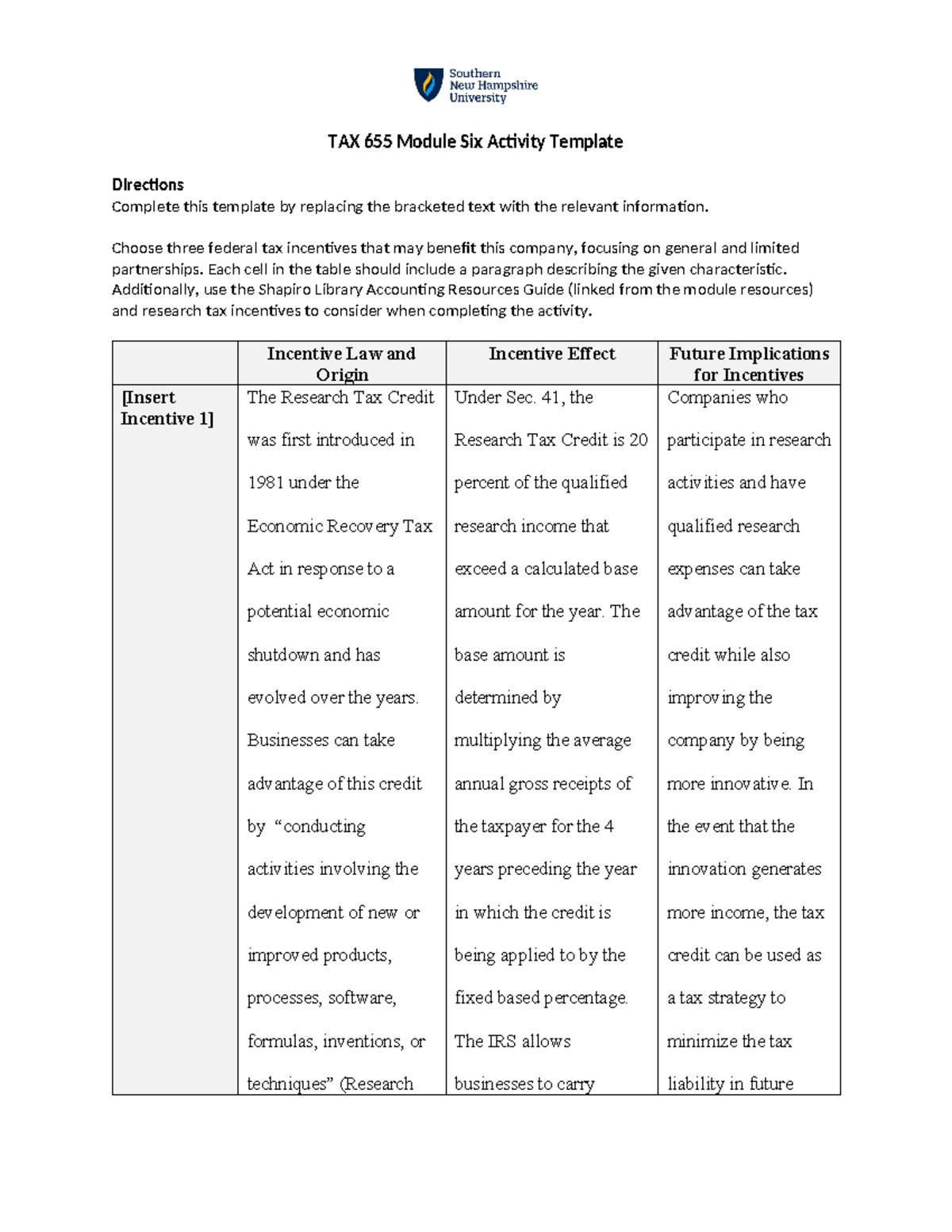 TAX 655 Final Exam: Federal Tax Incentives Overview Template - Studocu