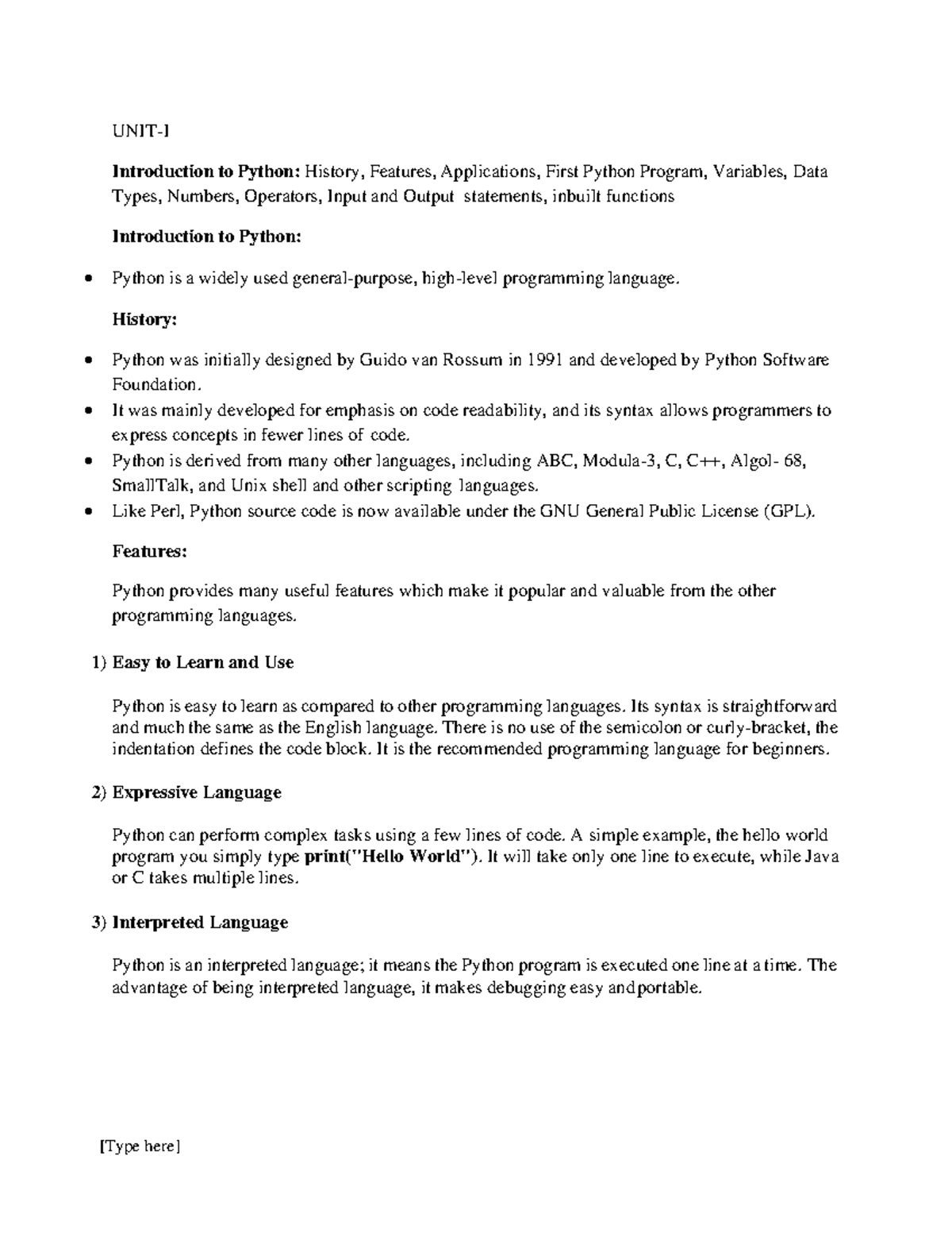 Python-UNIT1-24: Comprehensive Class Notes on Basics and Features - Studocu