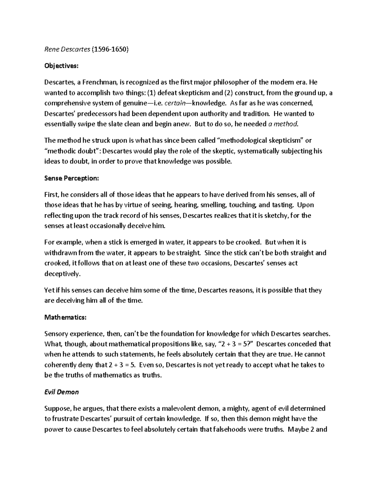 Descartes' Philosophy: Doubt, Knowledge, and the Existence of God - Studocu