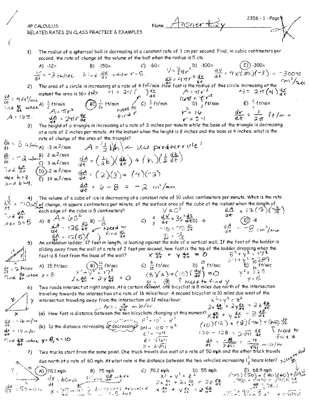 Related rate handout answer key - AP CALCULUS Name Answerkey 2356 1 ...