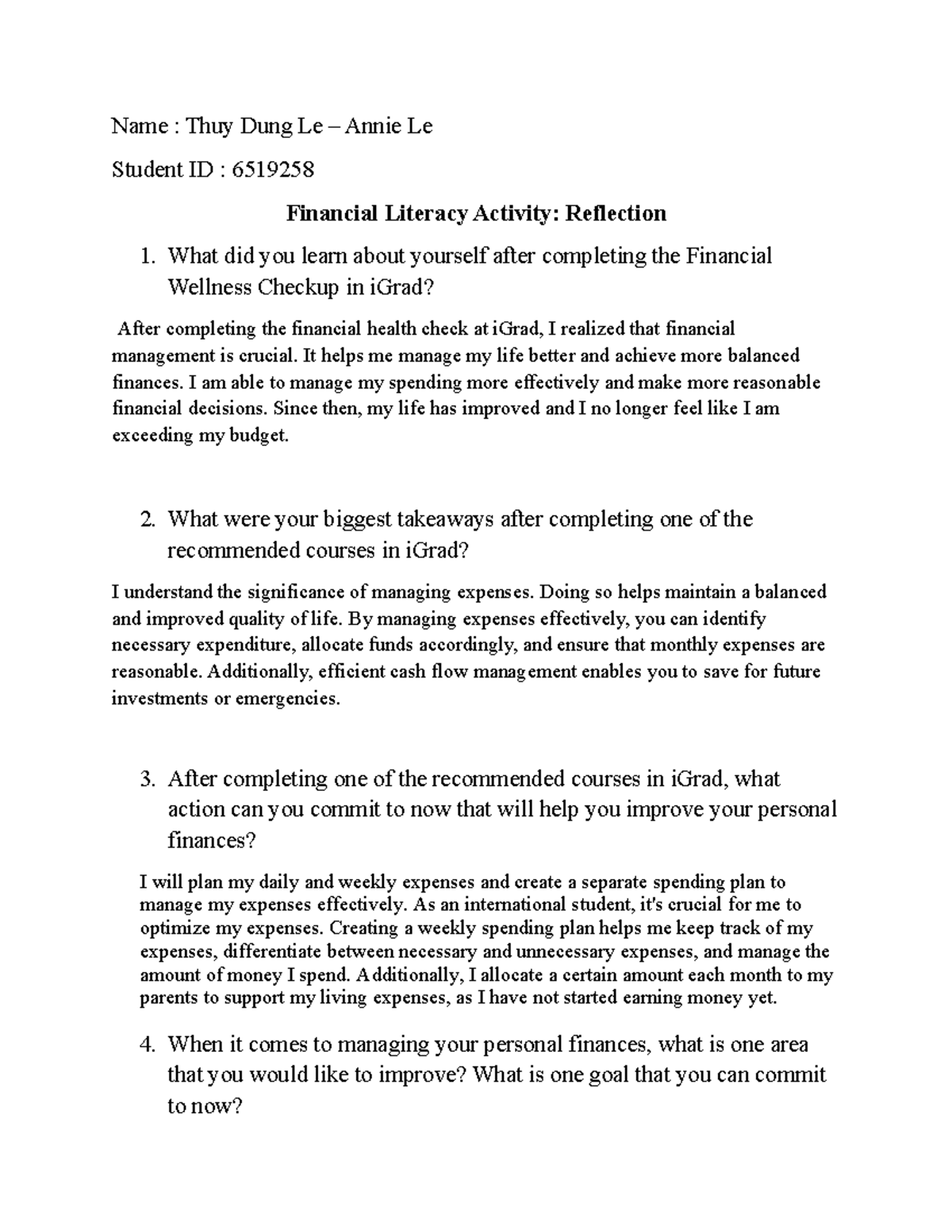 Financial Literacy Reflection - Personal Growth and Insights - Studocu