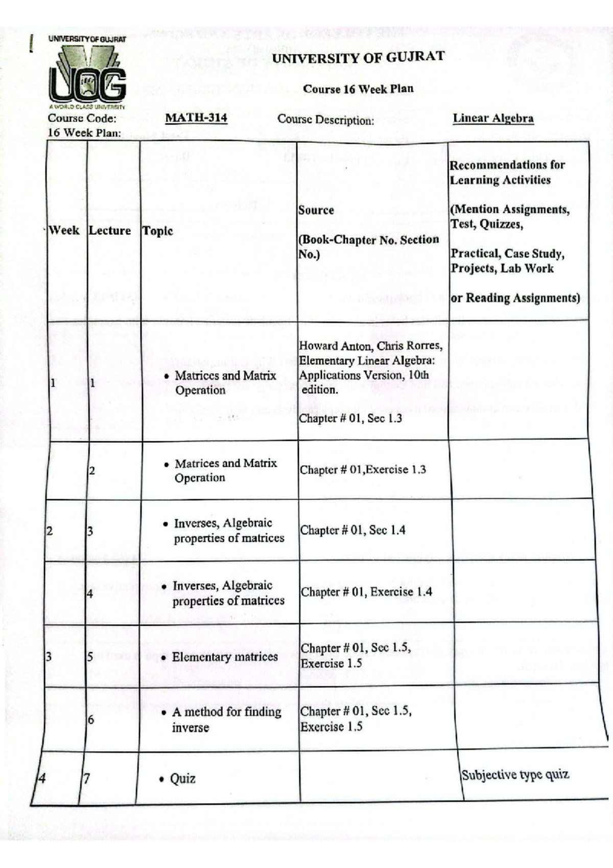 UOG Course 16 Week Plan: Linear Algebra Outline and Activities - Studocu