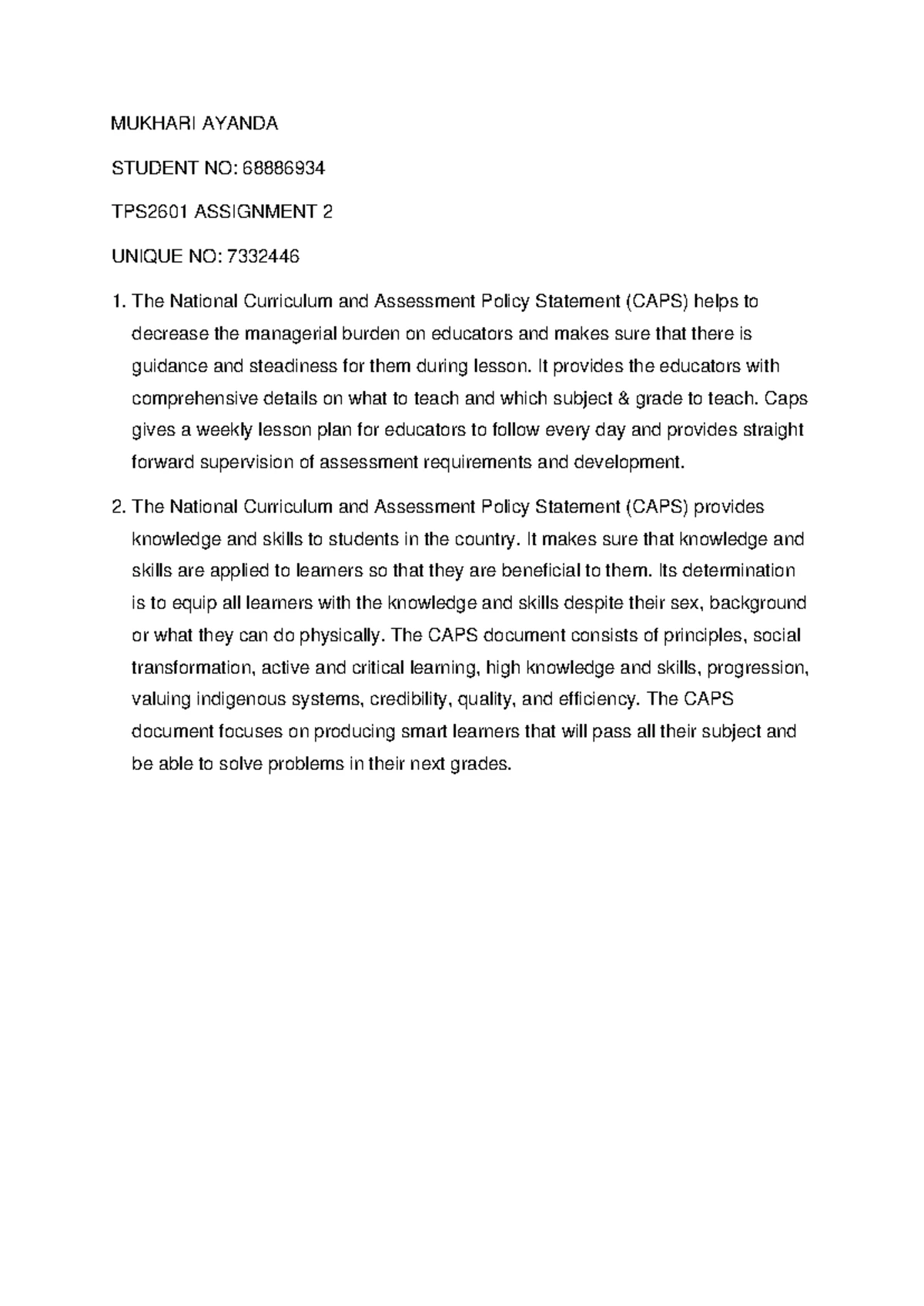 TPS 2601 Assignment 2 - Name: Nthabeleng Chaney Sejake Student Number ...