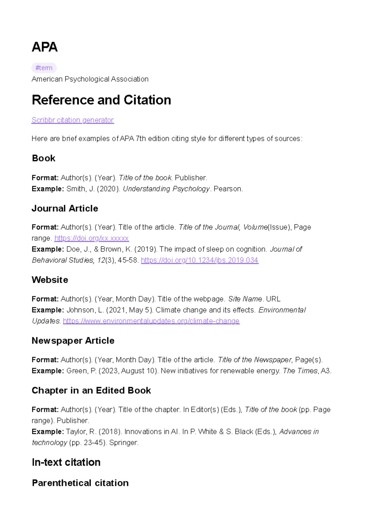 APA 7th Edition Citation Guide: Quick Reference Cheatsheet - Studocu