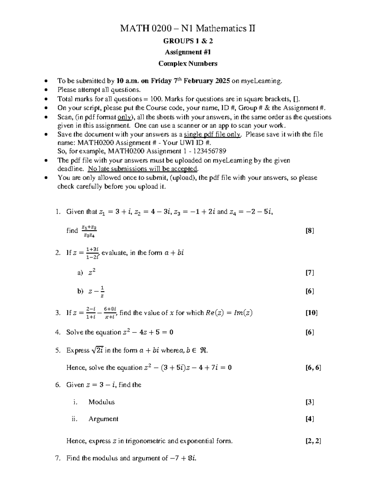 MATH 0200 N1 Assignment 1: Complex Numbers Submission Guidelines - Studocu