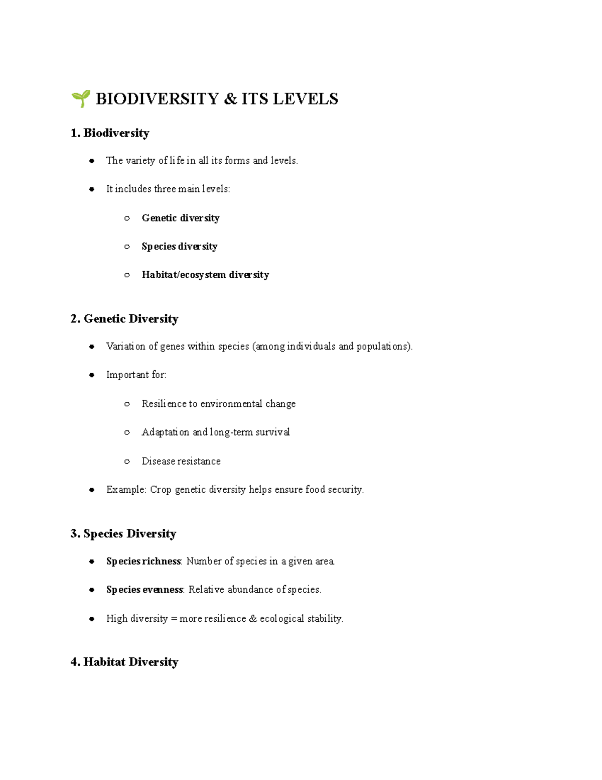 BIO Exam 2 - Note summaries for Exam 2 - 🌱 BIODIVERSITY & ITS LEVELS 1 ...