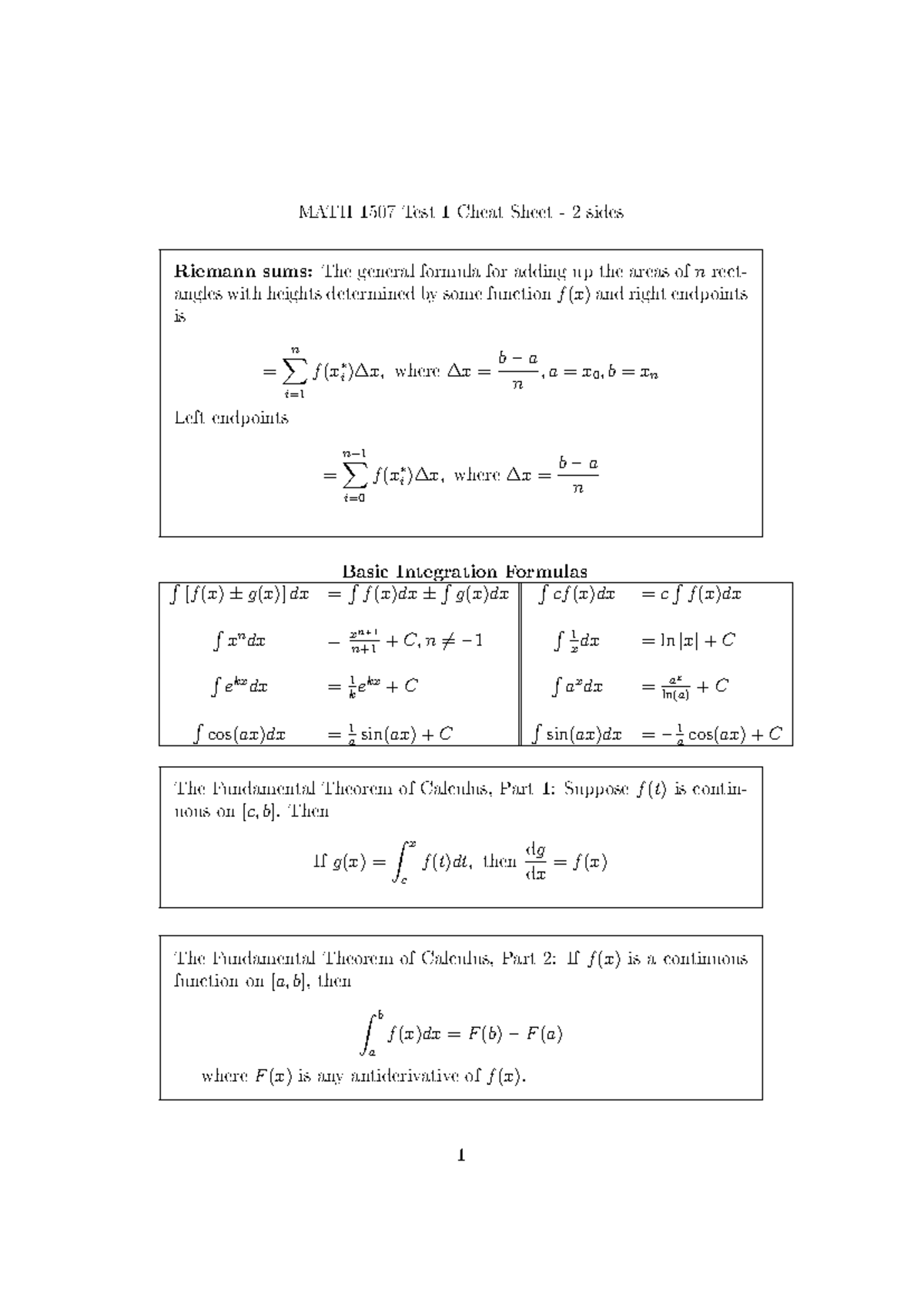 MATH 1507 Test 1 cheat sheet: Riemann sums and integration formulas ...