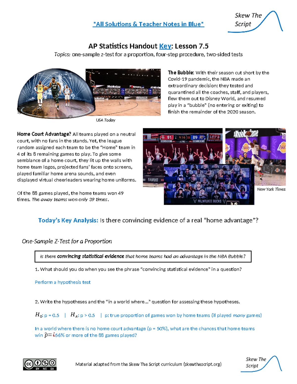 AP Statistics Lesson 7 Handout Key: Home Court Advantage Analysis - Studocu