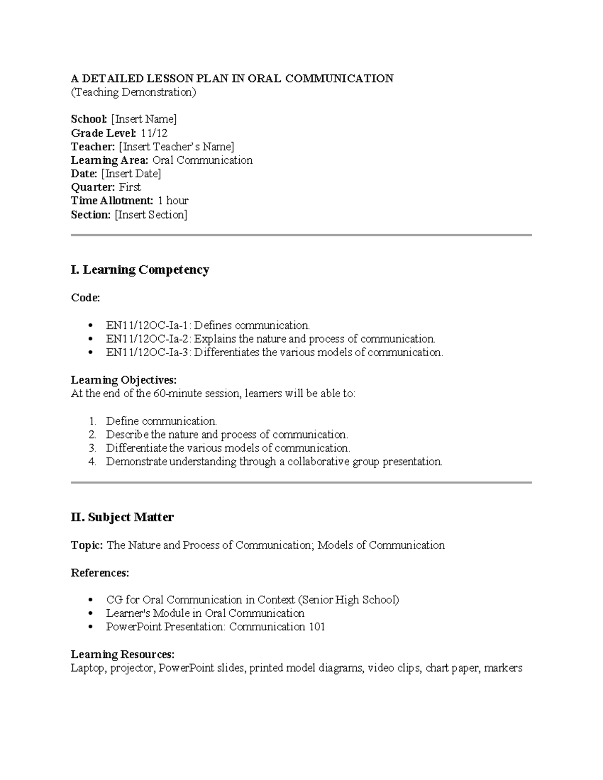 Detailed Lesson Plan in Oral Communication (Grade 1, Quarter 1) - Studocu