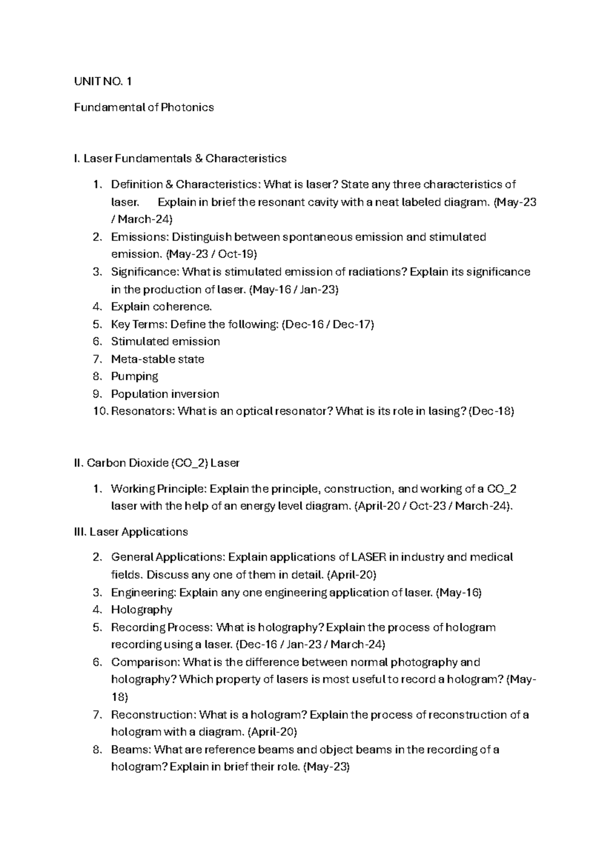 PYQ's for Physics (Unit 1-5) - Laser, Quantum, Semiconductors & Nanotech - Studocu